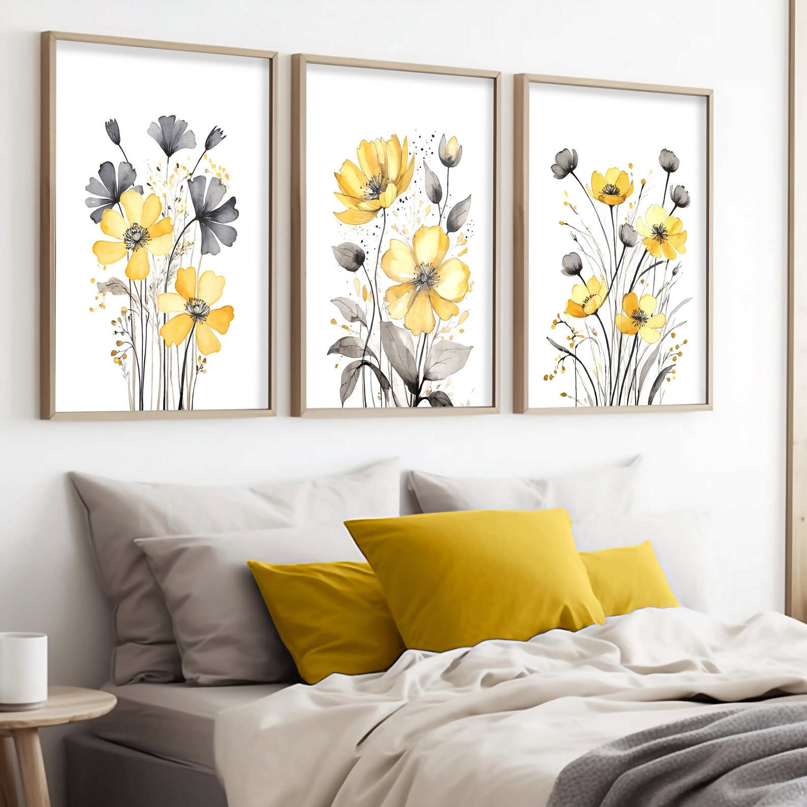 Flowers Print Yellow Set of 3 Prints, Watercolor Floral Art, Flower ...