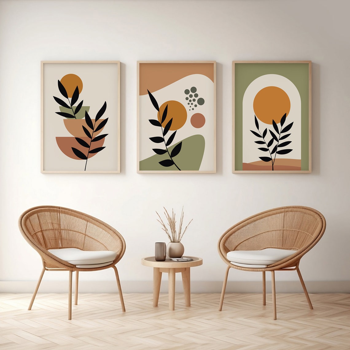 Boho Abstract Wall Art Decor: Set of 3 Prints Green and - Etsy