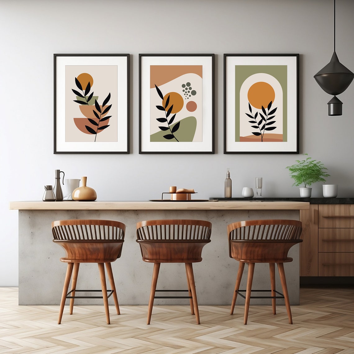 Boho Abstract Wall Art Decor: Set of 3 Prints Green and - Etsy