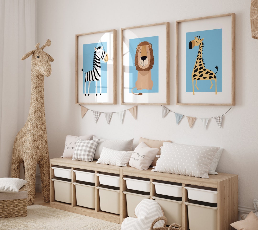 Blue Safari Animals Prints, Boy Nursery Prints, Baby Blue Set of 3 ...