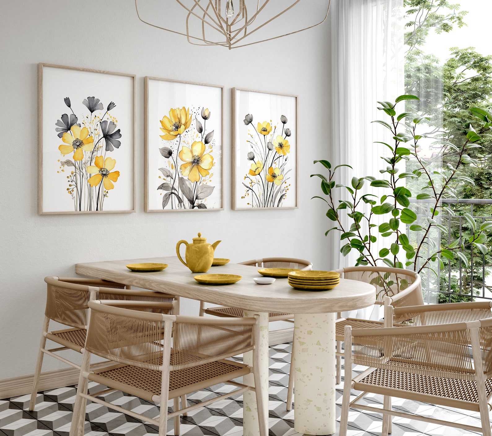 Flowers Print Yellow Set of 3 Prints, Watercolor Floral Art, Flower ...