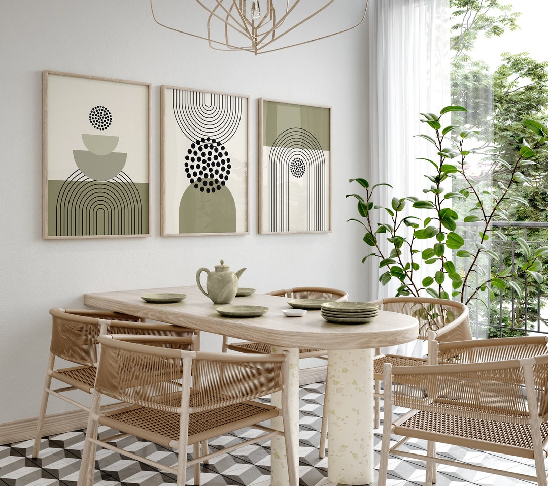 Mid Century Modern Sage Green Boho Wall Art Decor, Set of 3 Abstract ...
