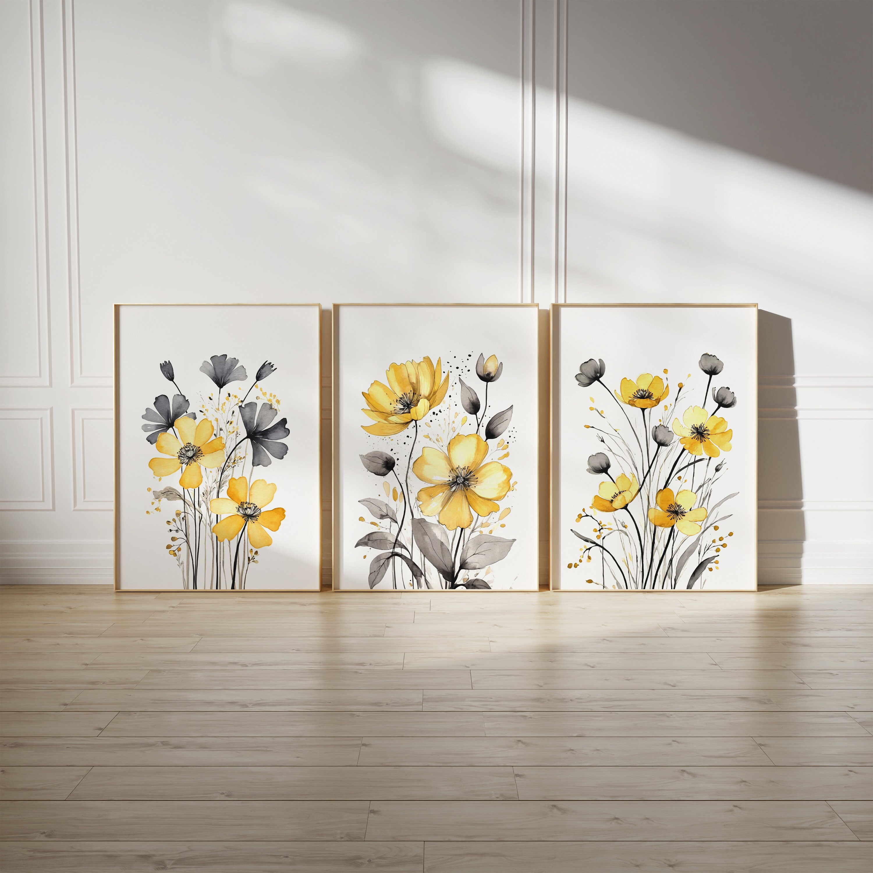 Flowers Print Yellow Set of 3 Prints, Watercolor Floral Art, Flower ...