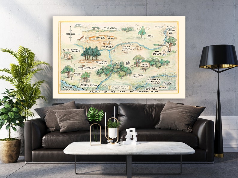 The Pooh Map, 100 Acre Wood Map, Map Canvas,pooh Wall Art, Fantasy Map ...