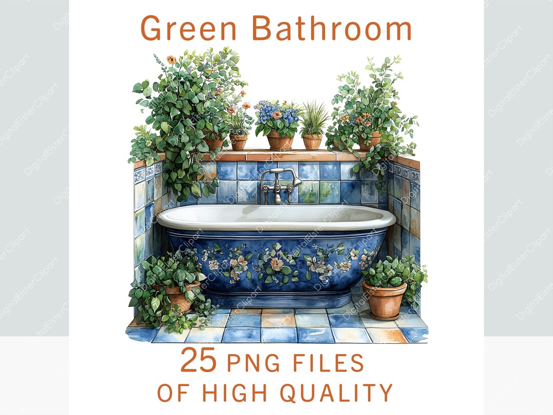 Watercolor Bathroom Clipart, 25 PNG, Green Home Decor Illustrations ...