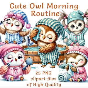 Cute Owl Morning Routine Clipart Set, 25 PNG Watercolor Designs ...
