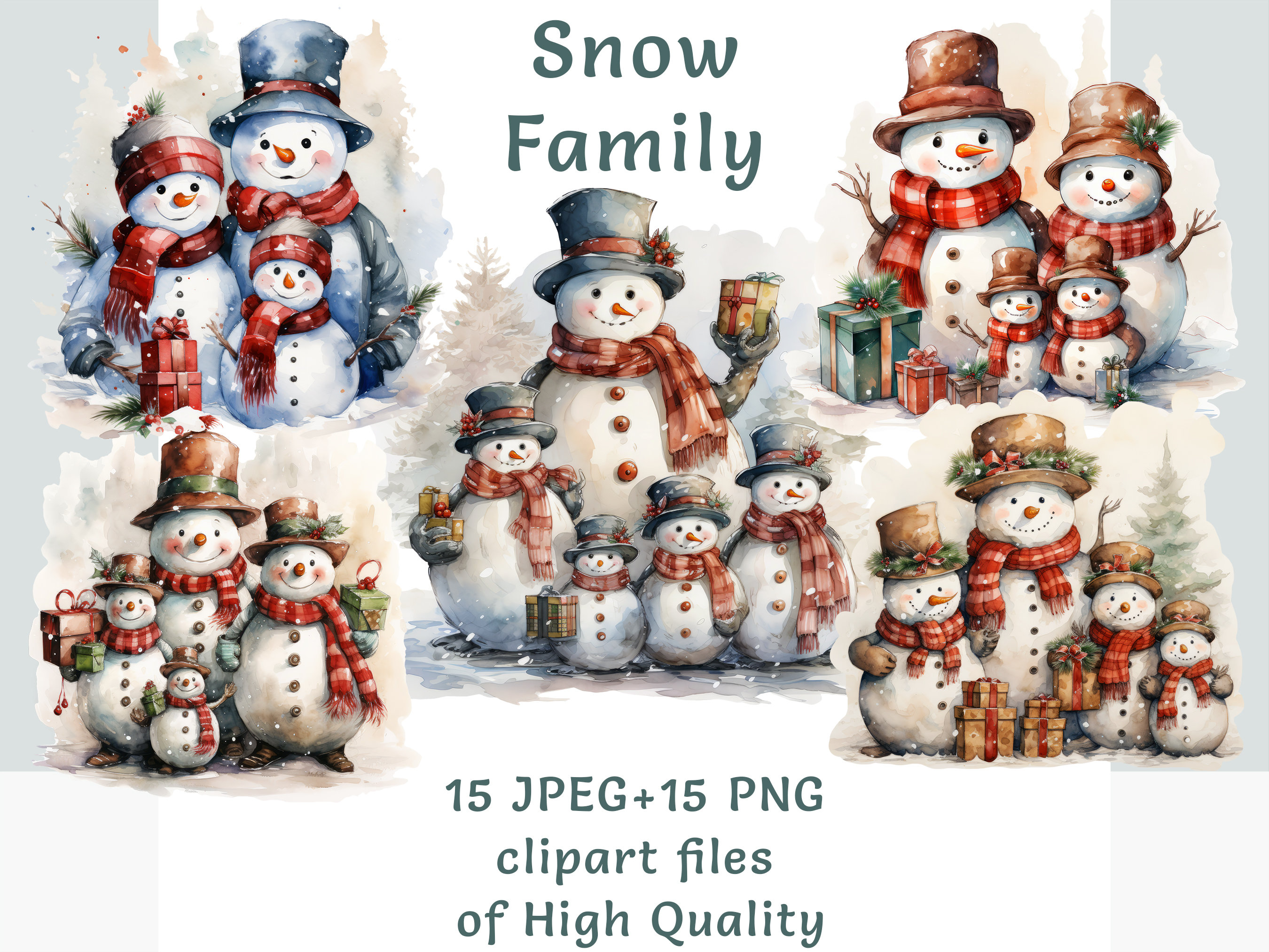 Watercolor Snowman Clipart, 15 High Quality PNG and JPEG, Festive ...
