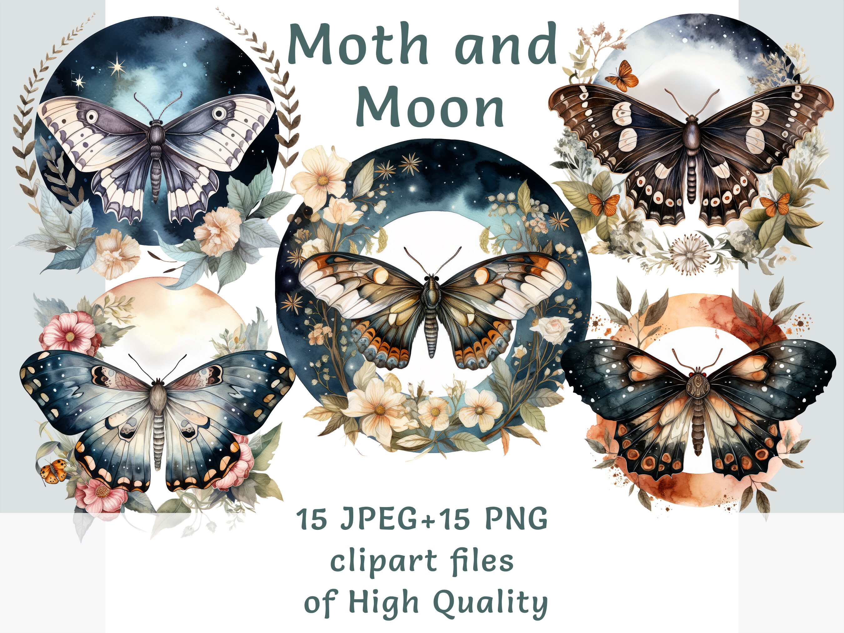 Watercolor Moth and Moon Clipart, Commercial Use, Lunar Butterfly Art ...