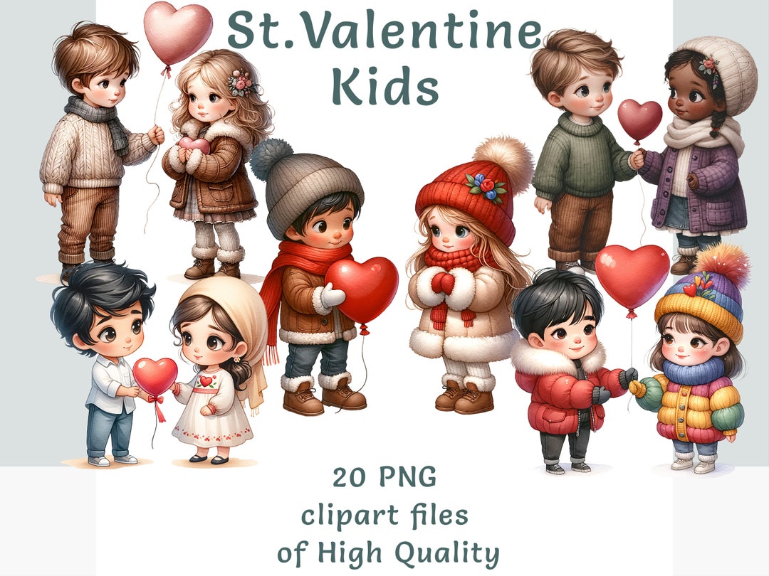 Valentines Day Clipart, Kids With Red Hearts Graphics, 20 Watercolor ...