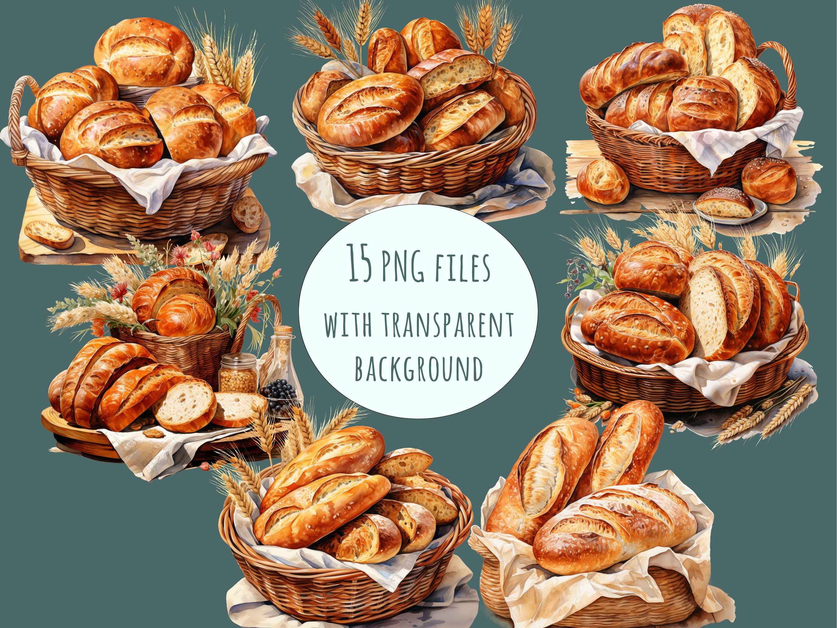 Watercolor Bread Clipart, 15 High Quality PNG Files, Baguette Woven ...