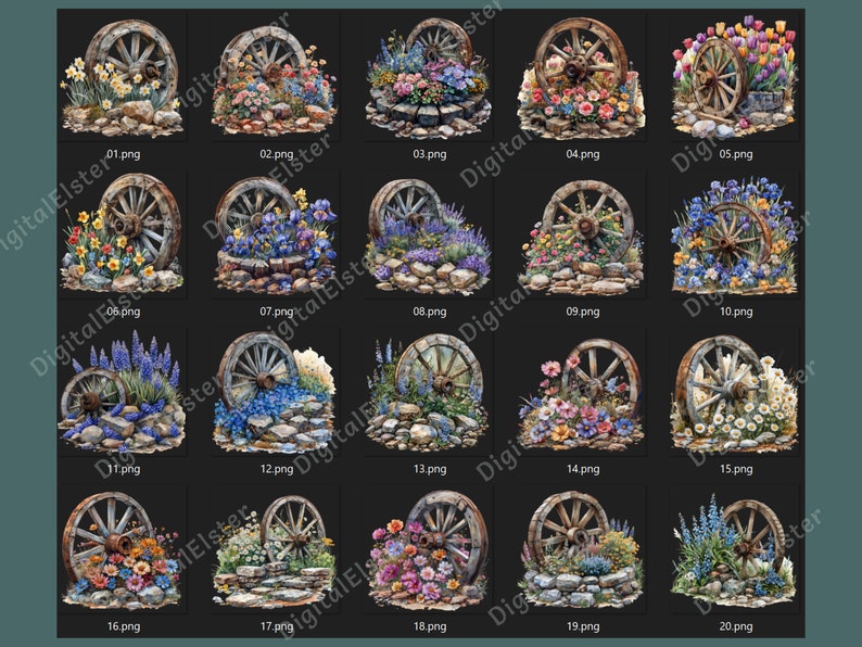 Rustic Wooden Wheel Clipart - 20 Watercolor Flower Pngs for Commercial ...