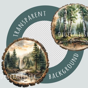 Rustic Forest Landscape on Wood Slice Clipart - 20 Watercolor PNG ...