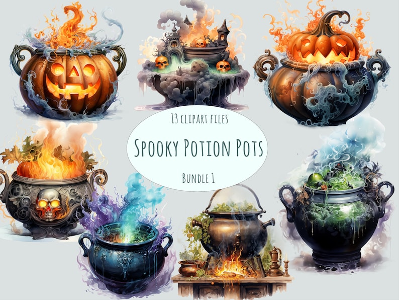 Halloween Cauldron Clipart Bundle, Commercial Use Skull Stickers ...