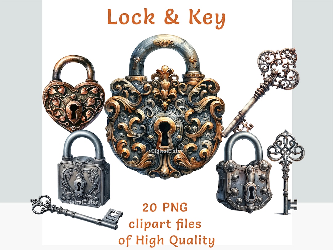 Lock and Key Watercolor Clipart - 20 Vintage PNG Files, Exquisite ...
