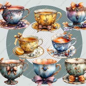 Tea Set Clipart, 50 PNG Tea Pot and Cup Watercolor Illustrations, Home ...