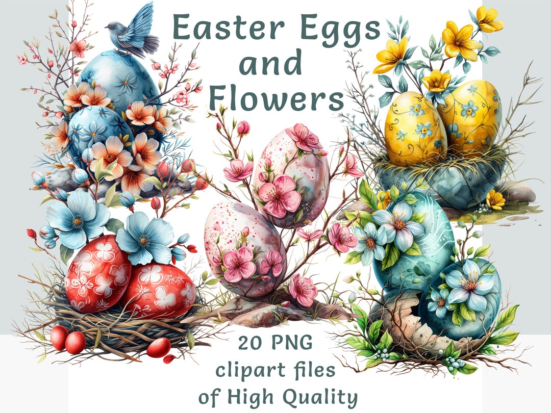 Easter Eggs With Flowers Watercolor Clipart - 20 Pngs, Commercial Use ...