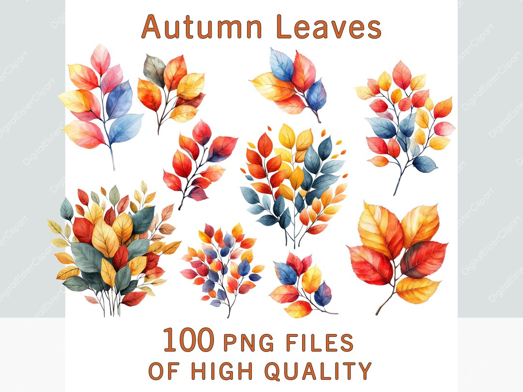 Autumn Leaves Clipart, 100 Watercolor Fall Foliage PNG Files ...