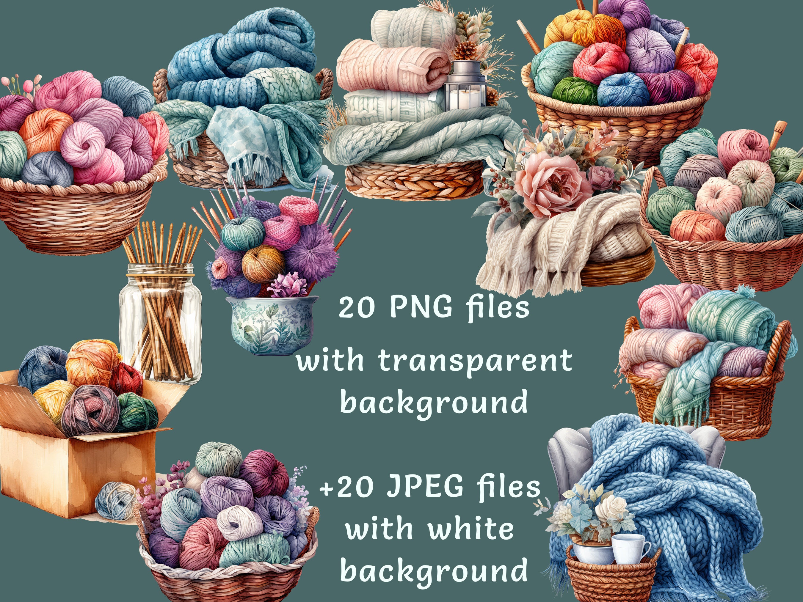 Knitting Clipart Set, Yarn Stickers: Watercolor Knitted Goods Images ...