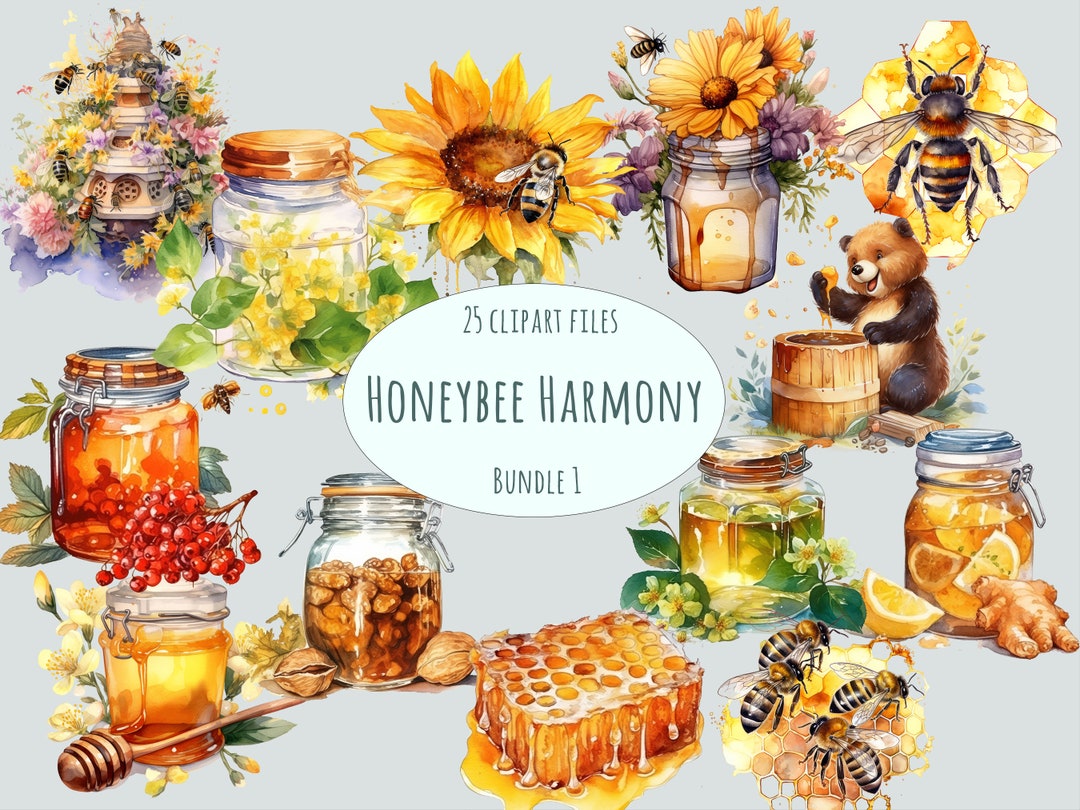 Honey Bee Clipart Collection: Watercolor Jar & Wax Graphics, 25 PNG ...