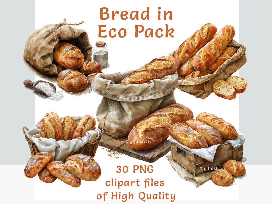 Bread Clipart in Eco-friendly Package, 30 PNG Watercolor Designs ...
