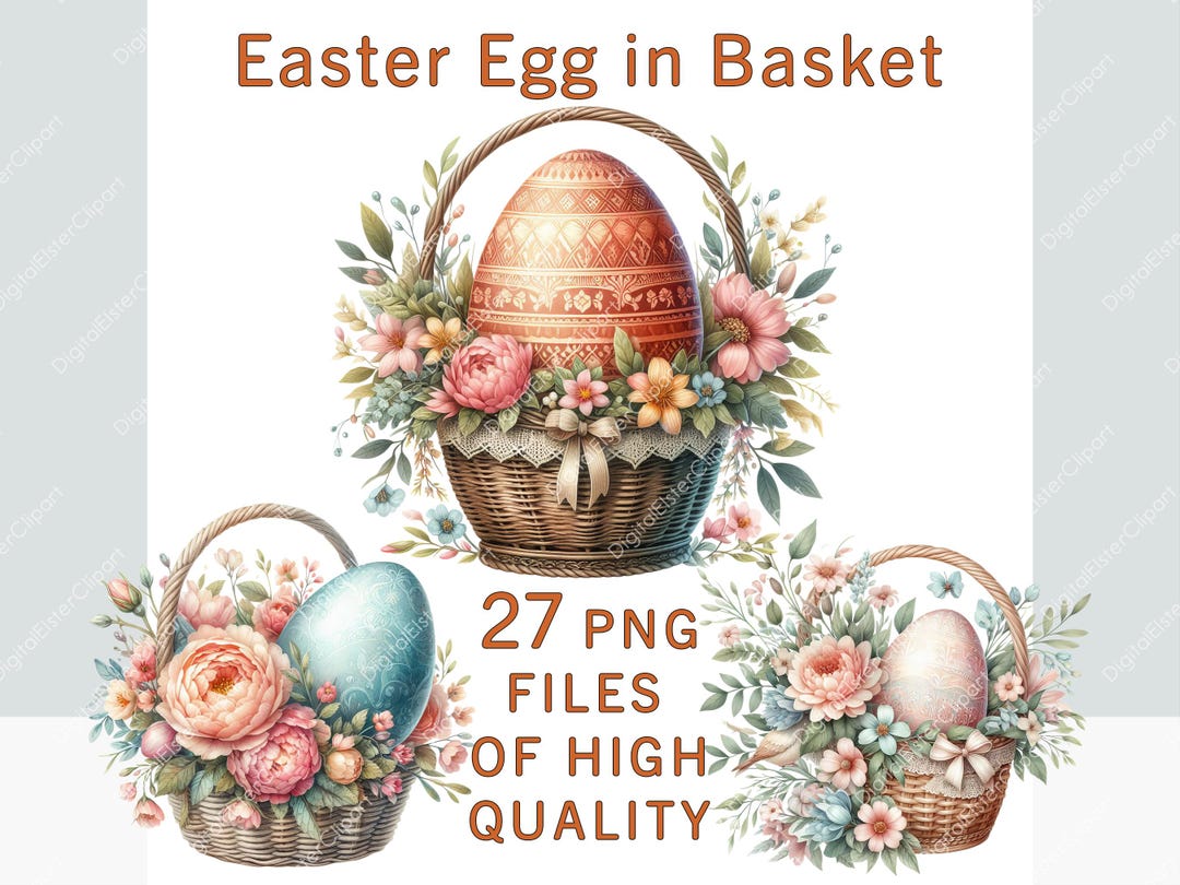 Easter Egg in Basket Clipart, Watercolor Floral Easter Basket PNG ...