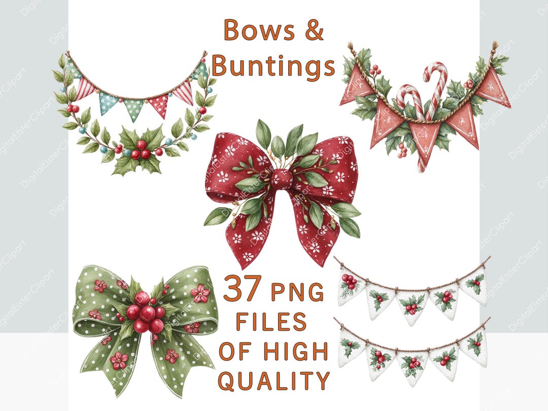 Watercolor Christmas Bunting Clipart Bundle, Commercial Use Festive ...