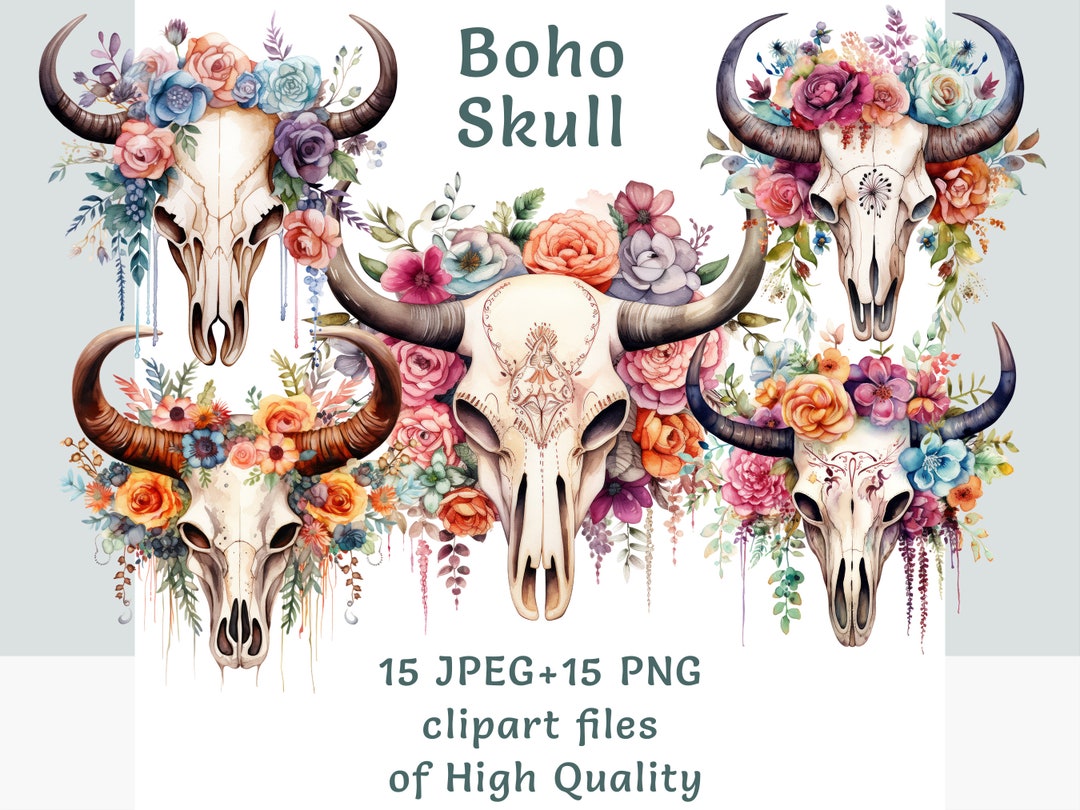 Boho Floral Cow Skull Clipart, 15 PNG and JPEG, Watercolor Boho Cow ...