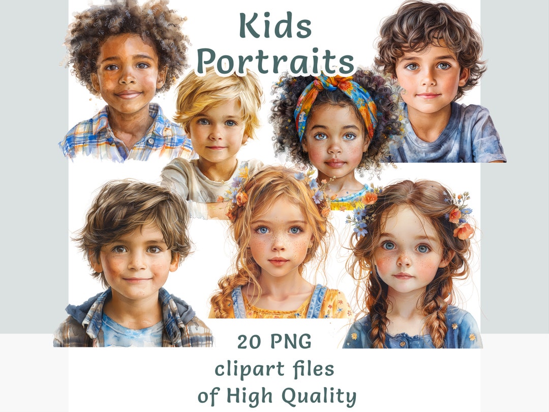 Children Clipart for Social Media, 20 Watercolor PNG Portraits, Custom ...