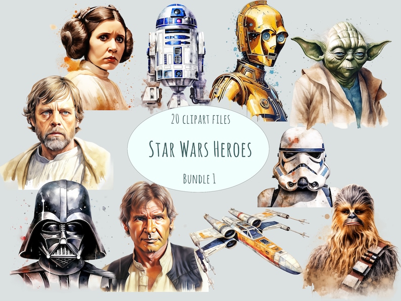Star Wars Clipart, 20 Watercolor Starwars Characters Portraits, High ...