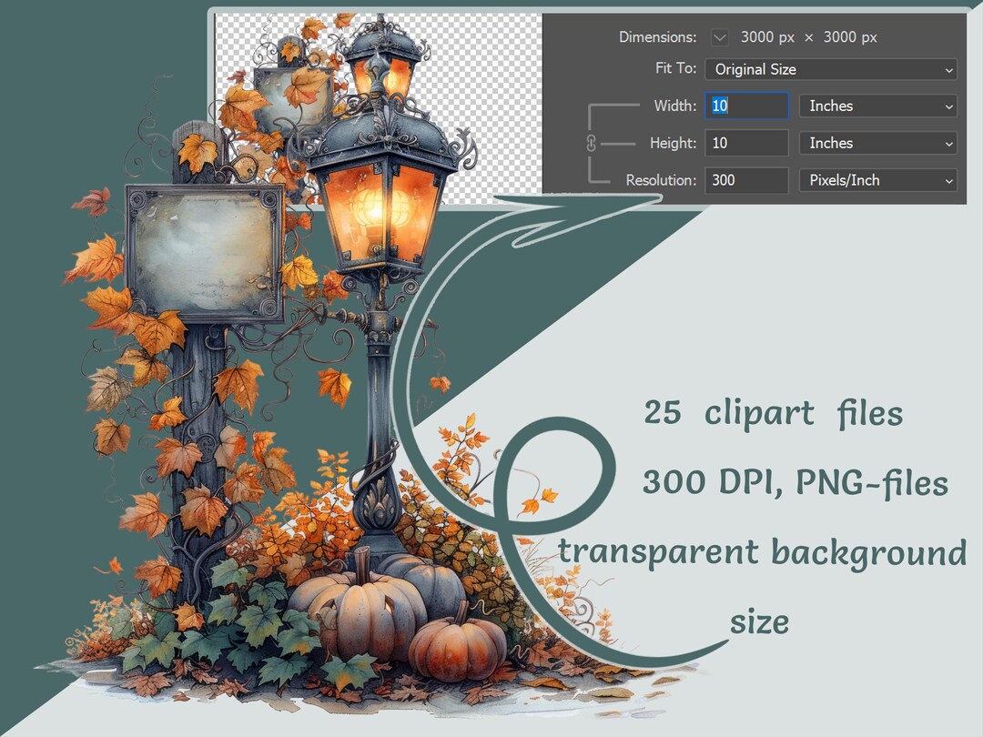 Autumn Lamp Post Sign Clipart Collection, 25 Watercolor PNG Designs ...