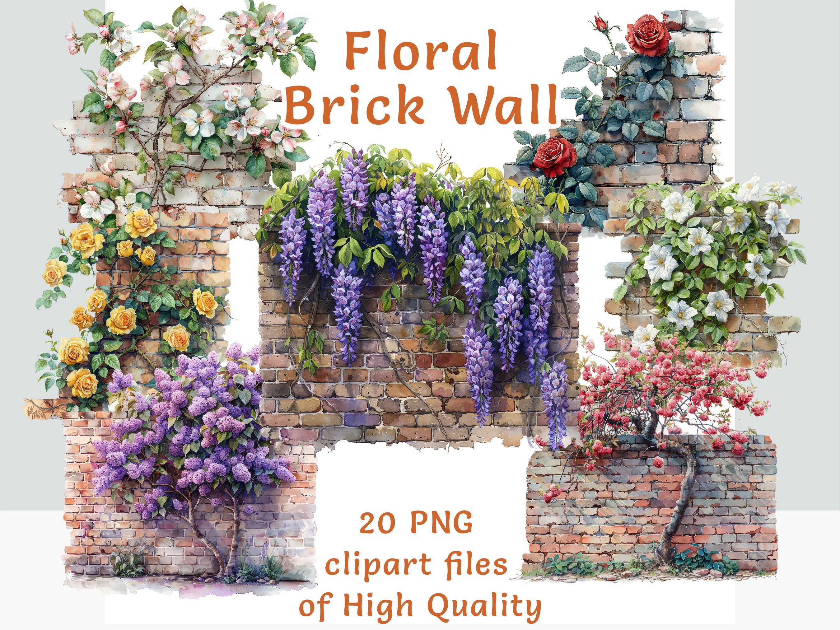 Brick Wall Clipart | 20 Watercolor PNG Files | Commercial Use | Vintage ...