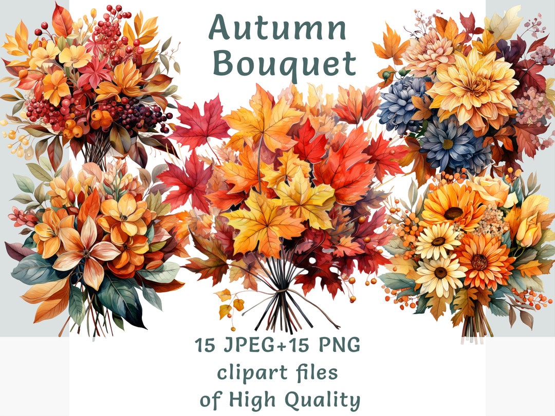 Autumn Leaves and Floral Bouquet Clipart, 15 Watercolor Fall Foliage Graphics PNG and JPEG ...