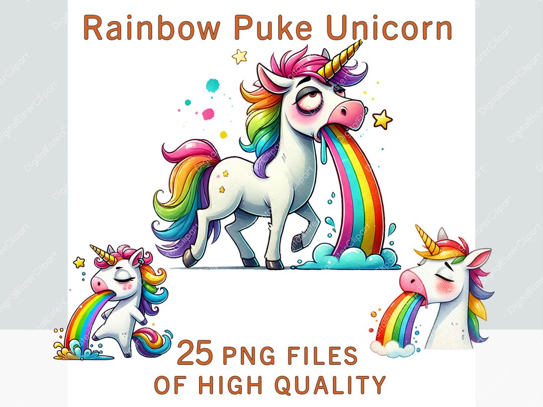Watercolor Puking Unicorn Clipart Bundle, Rainbow Unicorn Sticker Set ...