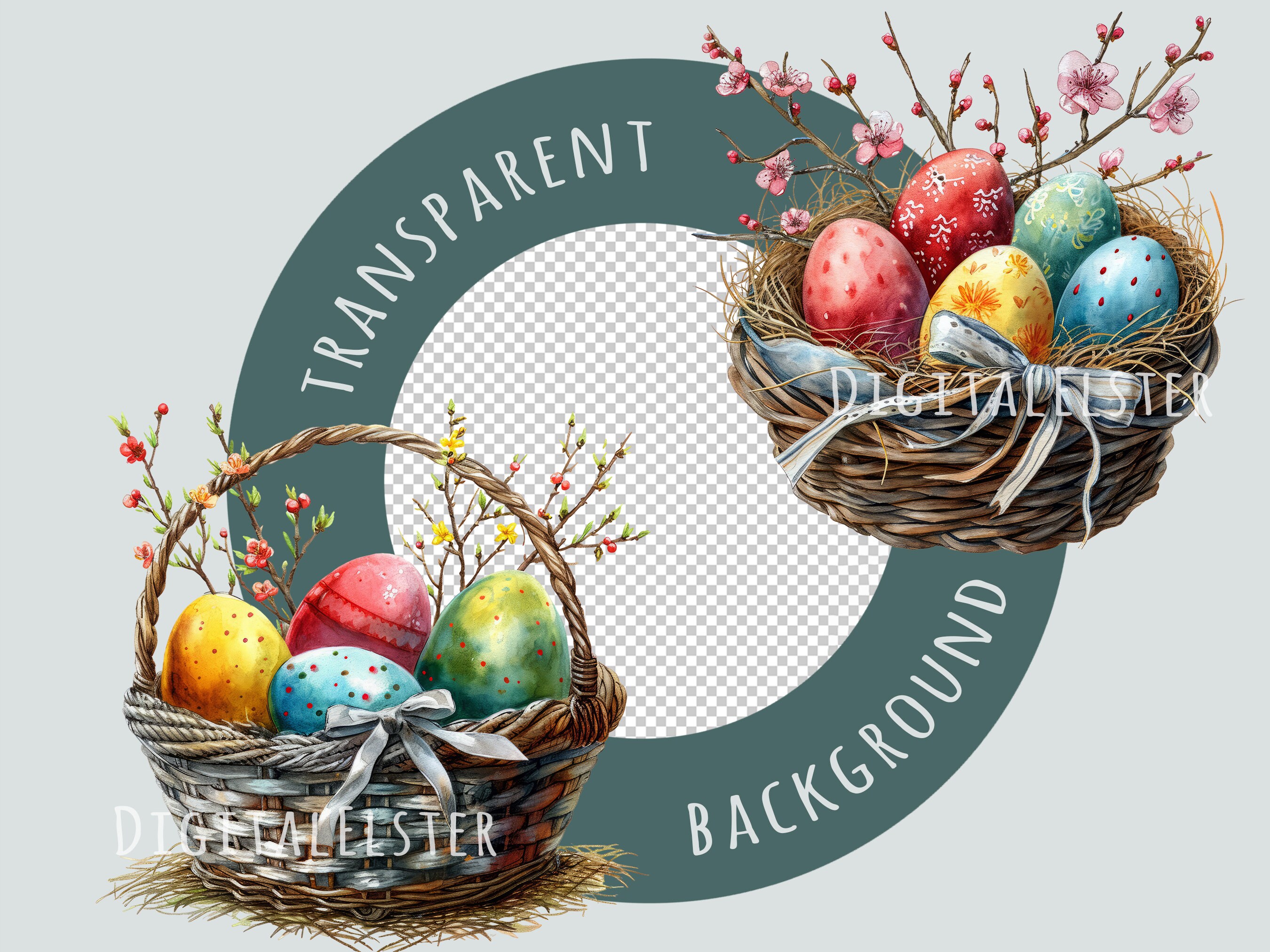Easter Basket Clipart Bundle, Watercolor Easter Clipart, Commercial Use ...