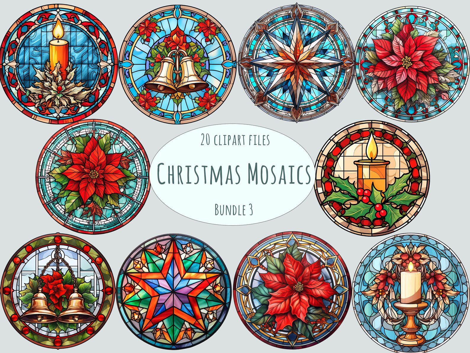 Christmas Stained Glass Clipart PNG, Holiday Mosaic Ornaments ...