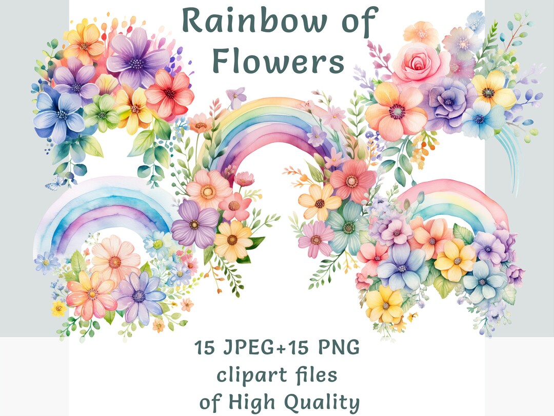 Rainbow Flower Clipart for Commercial Use - 15 Colorful Watercolor PNG ...