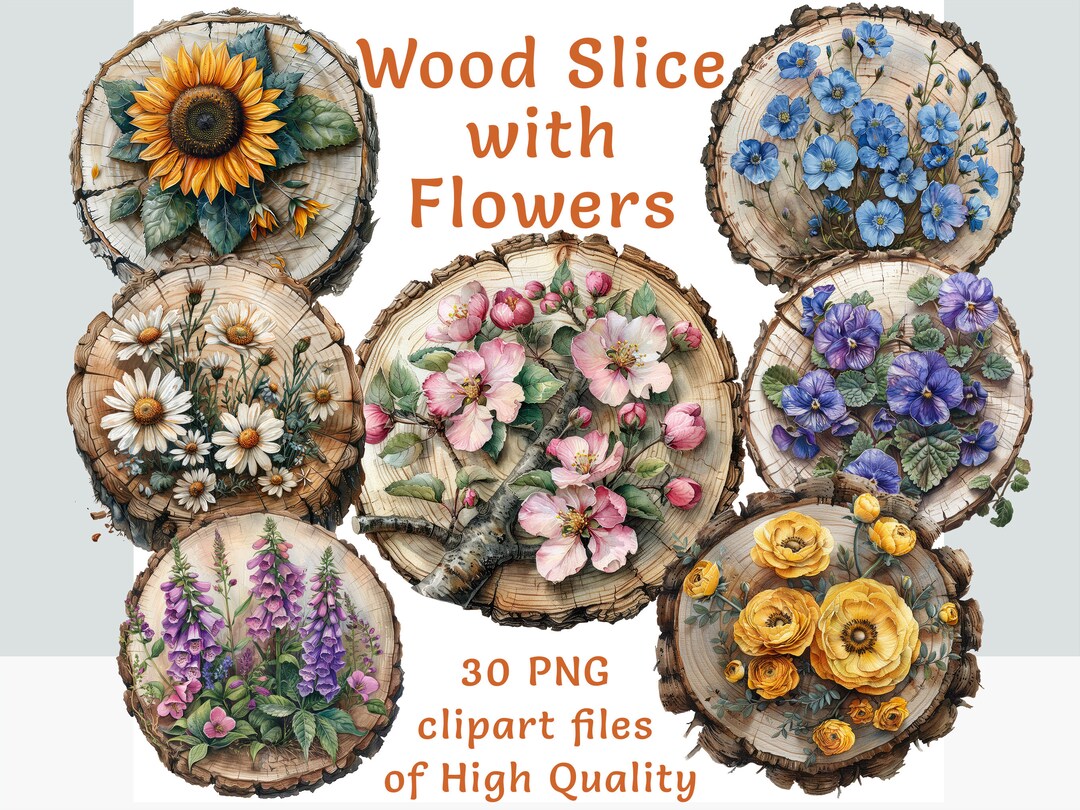 Floral Wood Slice Clipart Set - 30 Watercolor PNG Files, Commercial Use ...
