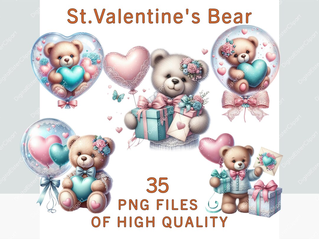 Teddy Bear Clipart | 35 PNG Files | Watercolor Heart Clipart ...