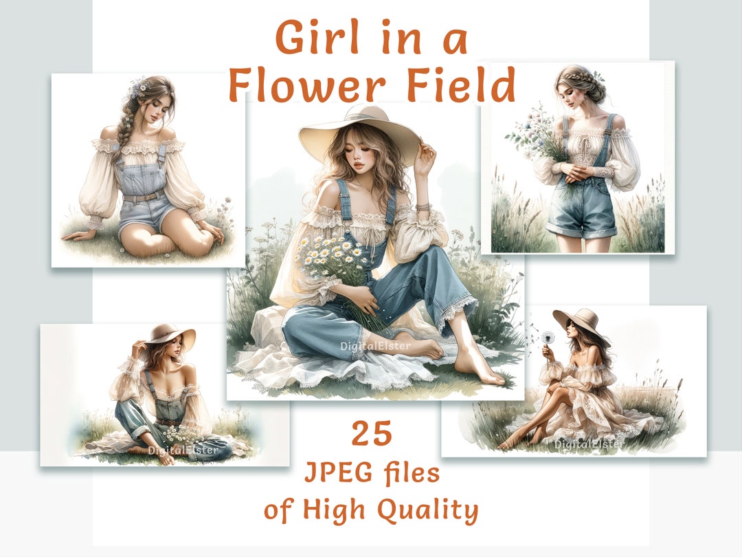 Girl in Flower Field Clipart 25 Watercolor JPEG Files, Ideal for Spring ...