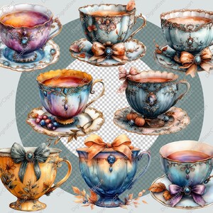 Tea Set Clipart, 50 PNG Tea Pot and Cup Watercolor Illustrations, Home ...