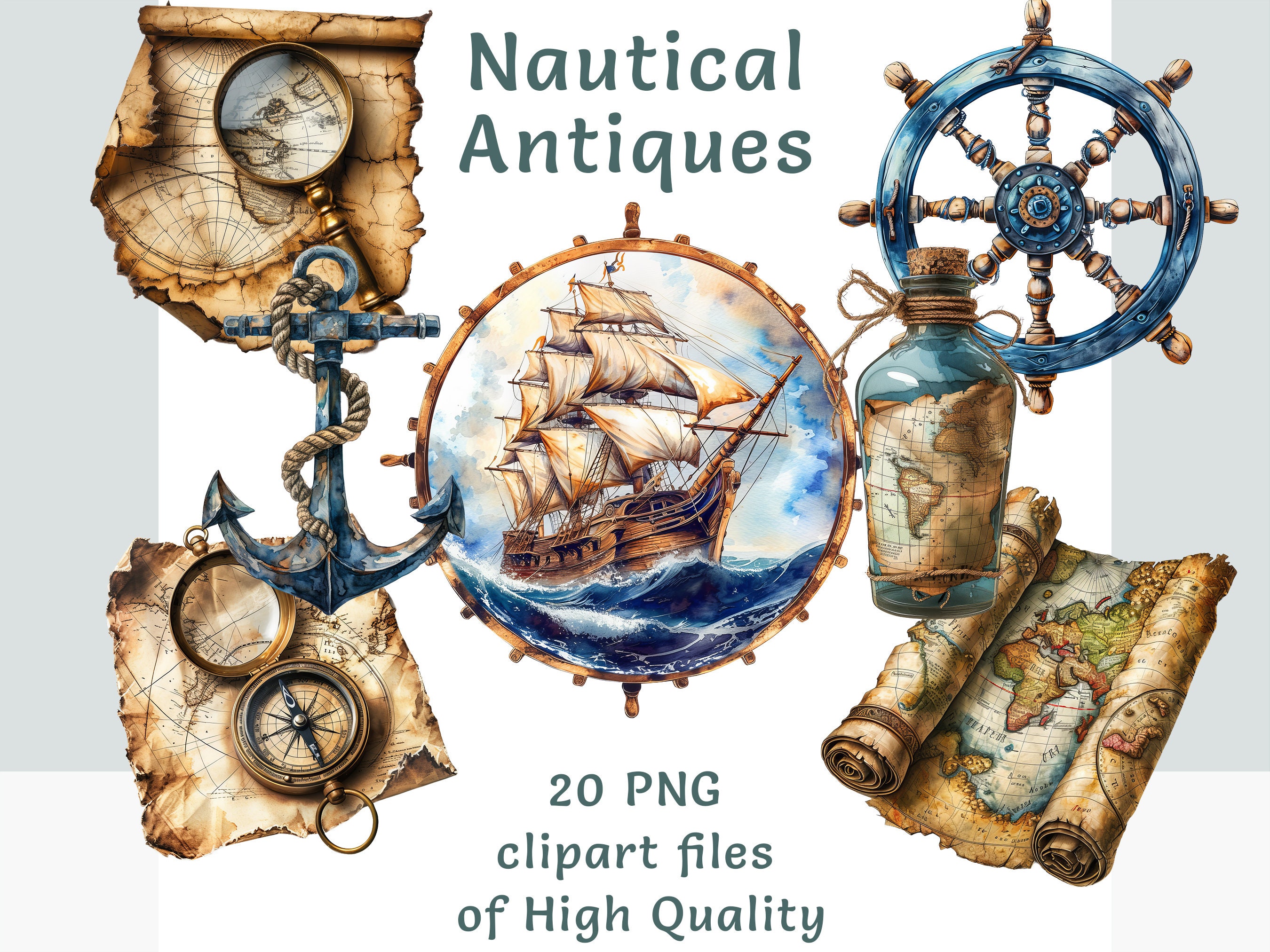 Nautical Clipart Collection: 20 Watercolor Ships & Maps PNG, Vintage ...