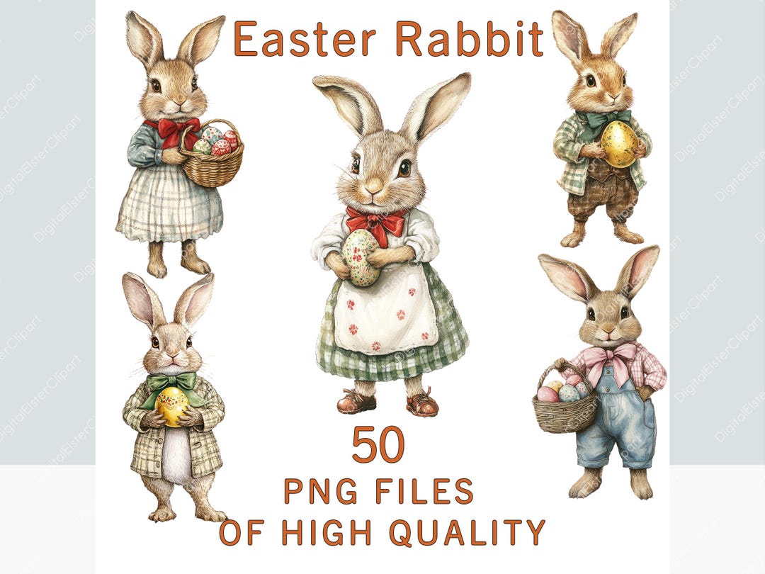 Easter Bunny Clipart Bundle, Vintage Rabbit With Eggs and Baskets ...