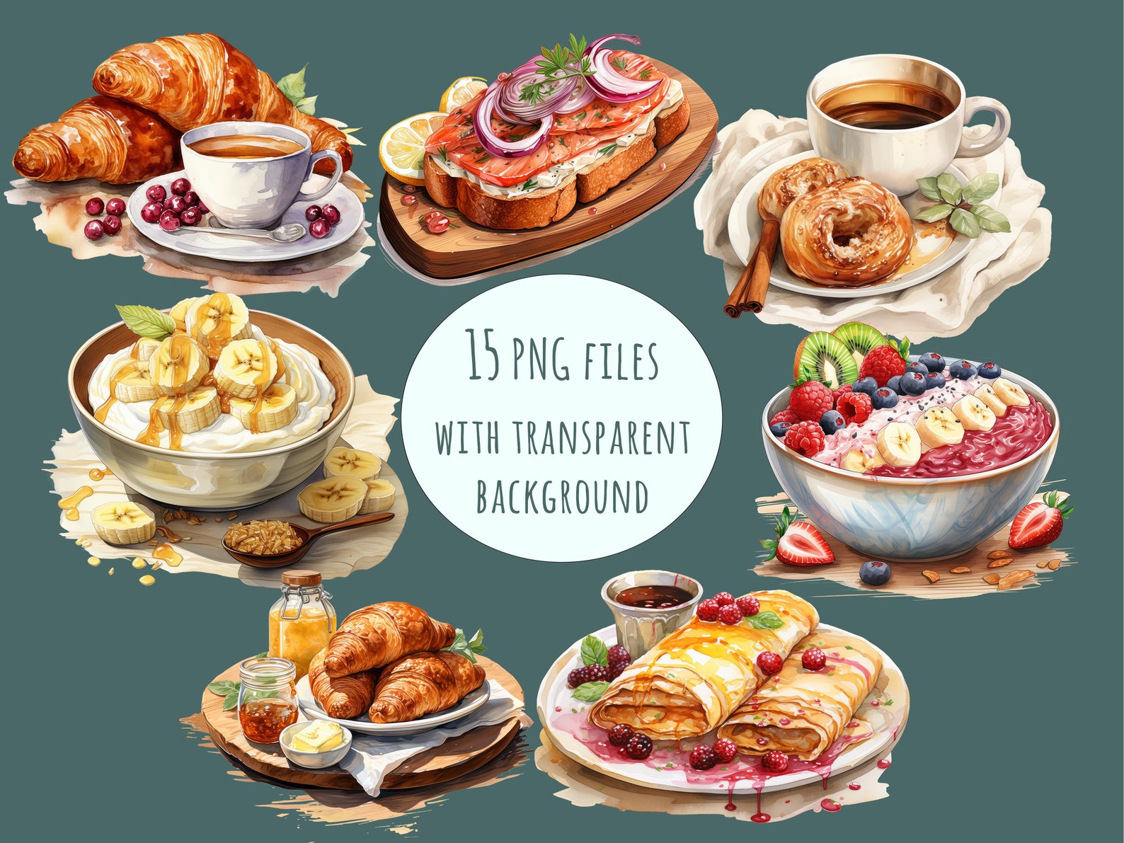 Watercolor Breakfast Clipart, 15 High Quality PNG, Watercolor Food ...