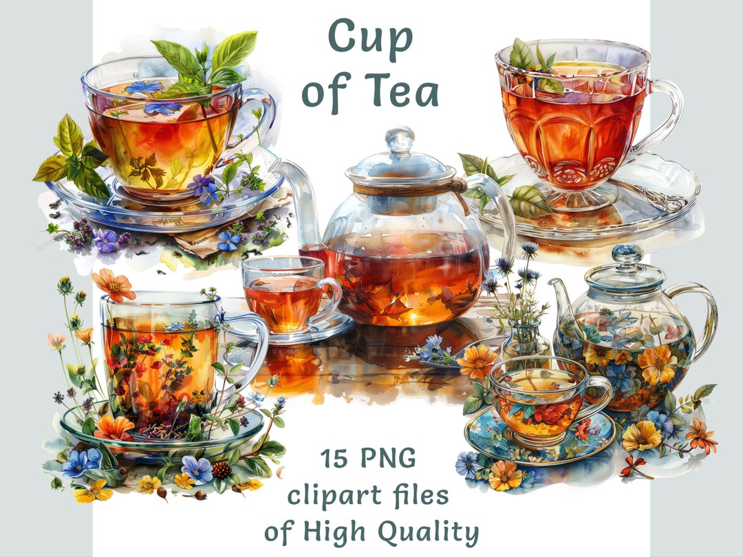 Watercolor Tea Cup Clipart Bundle, Teapot and Herbal Drink Illustration ...