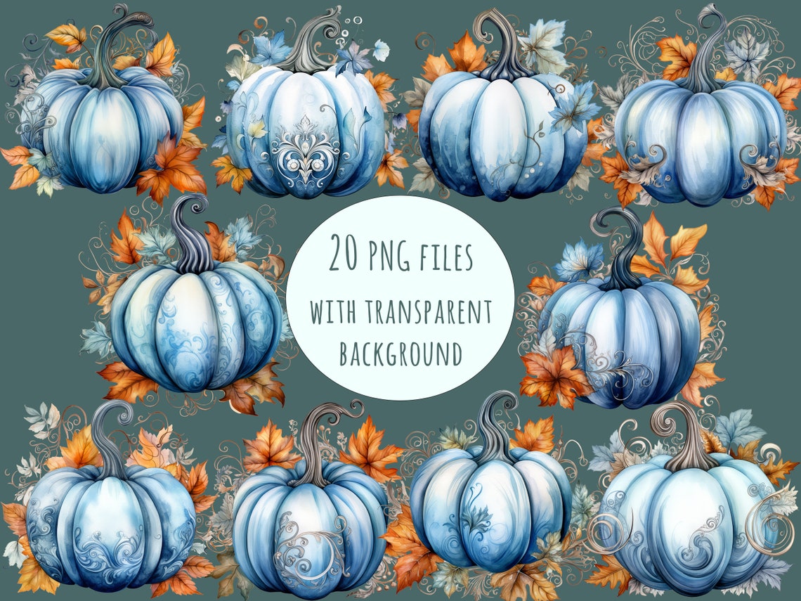 Blue Pumpkin Clipart Bundle, Watercolor Halloween Clipart Set ...