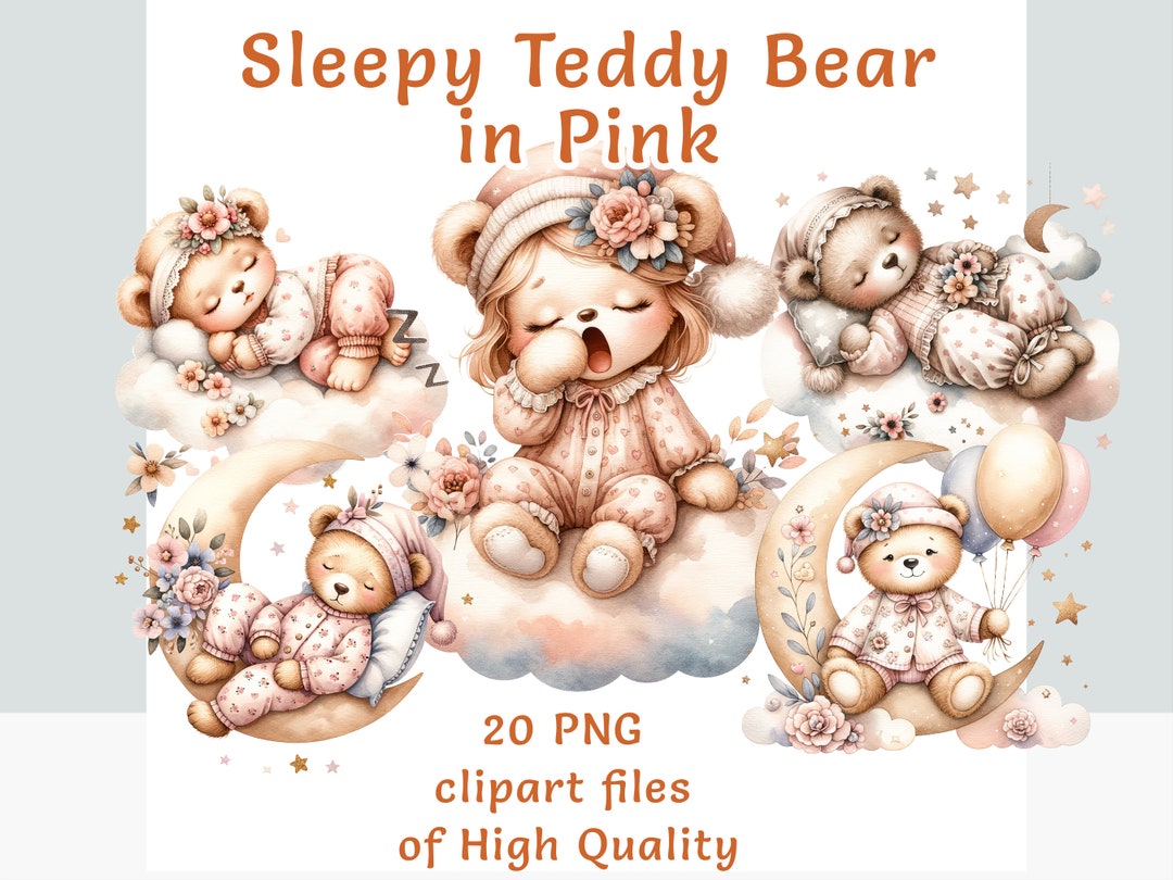 Sleeping Pink Teddy Bear Clipart - 20 Watercolor PNG Files for ...