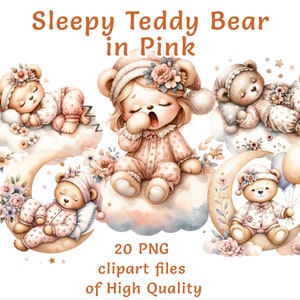 Sleeping Pink Teddy Bear Clipart - 20 Watercolor PNG Files for ...