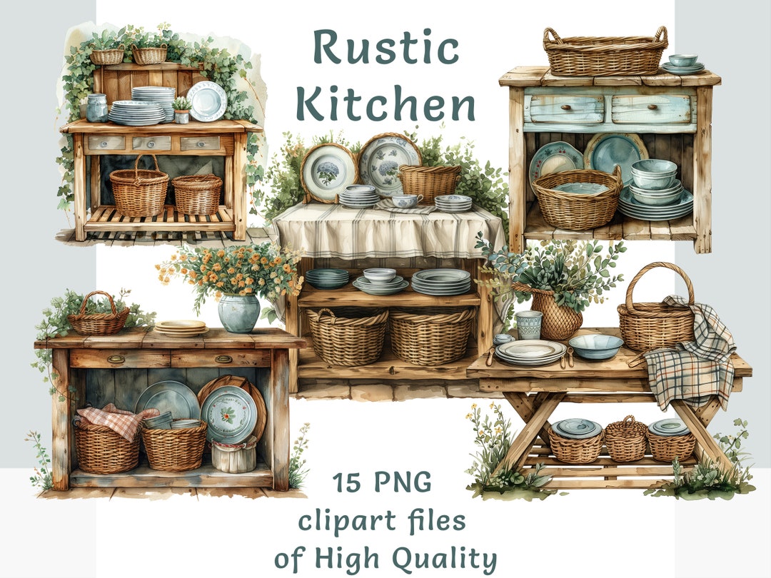 Rustic Kitchen Clipart 15 Watercolor Dishes & Utensils PNG/JPEG, Homely ...