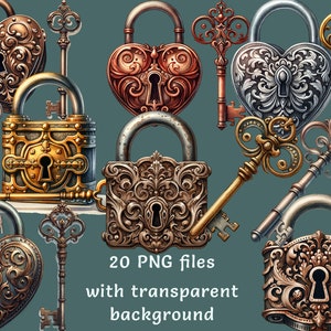 Lock and Key Watercolor Clipart - 20 Vintage PNG Files, Exquisite ...