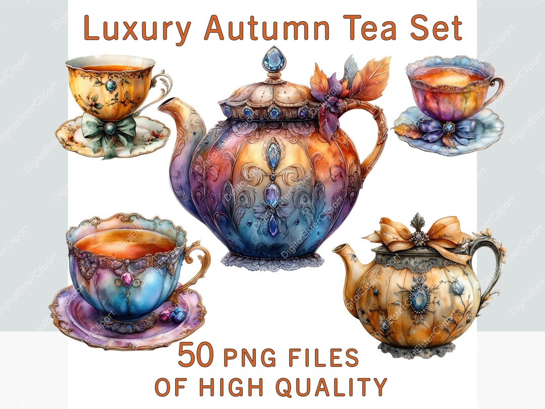 Tea Set Clipart, 50 PNG Tea Pot and Cup Watercolor Illustrations, Home ...
